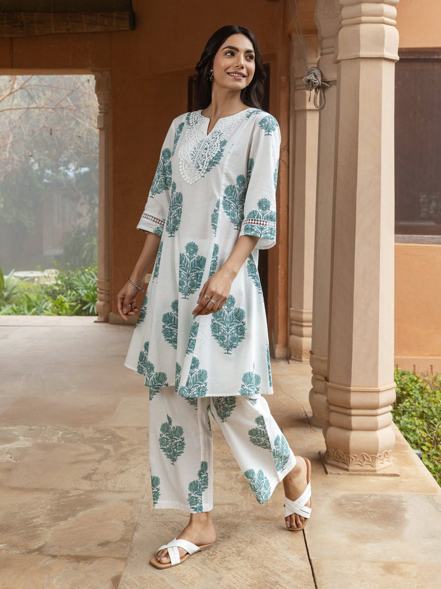 Fiorra Womens White Cotton Flared Kurta Set Fiorralifestyle